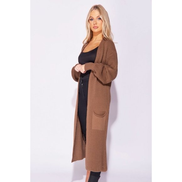 Sweaters | Brown Knitted Long Sleeve Open Front Long Maxi Cardigan ...